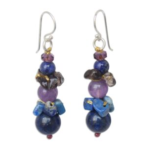 novica artisan handcrafted lapis lazuli amethyst beaded earrings | quartz earrings dangling | multicolor long earrings | natural gemstone earrings | chalcedony earrings for women | thailand