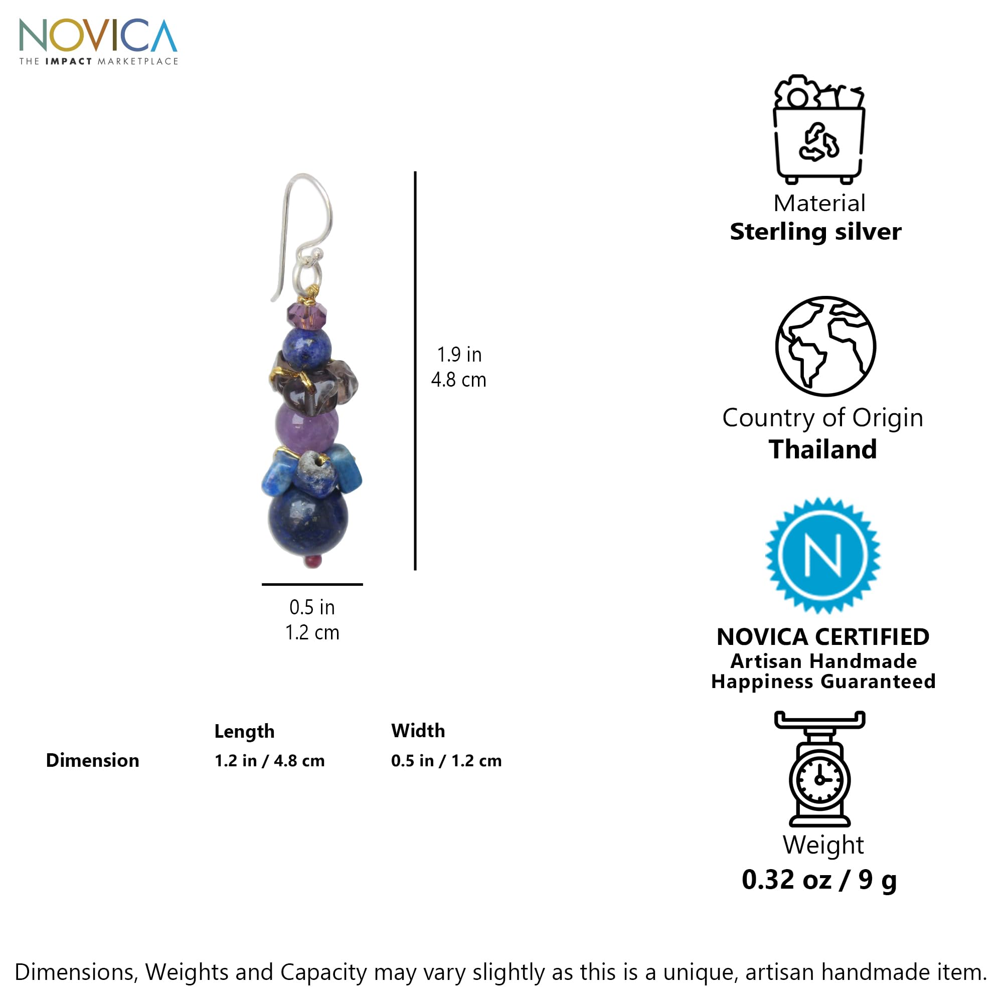 NOVICA Artisan Handcrafted Lapis Lazuli Amethyst Beaded Earrings | Quartz Earrings Dangling | Multicolor Long Earrings | Natural Gemstone Earrings | Chalcedony Earrings For Women | Thailand