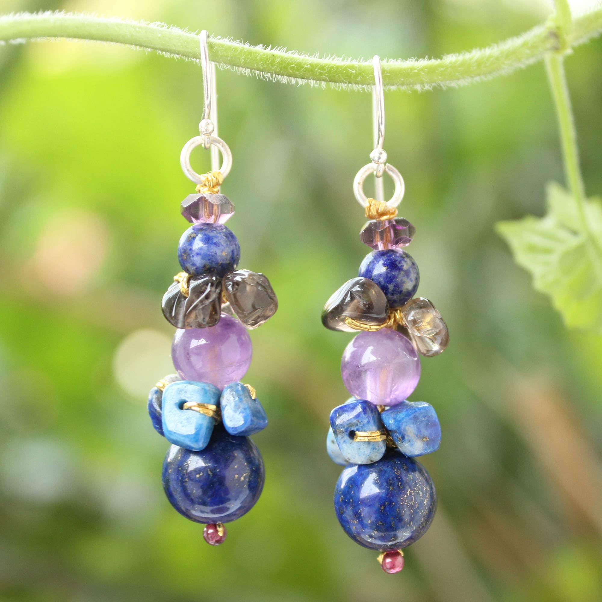 NOVICA Artisan Handcrafted Lapis Lazuli Amethyst Beaded Earrings | Quartz Earrings Dangling | Multicolor Long Earrings | Natural Gemstone Earrings | Chalcedony Earrings For Women | Thailand