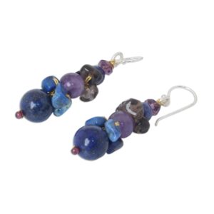 NOVICA Artisan Handcrafted Lapis Lazuli Amethyst Beaded Earrings | Quartz Earrings Dangling | Multicolor Long Earrings | Natural Gemstone Earrings | Chalcedony Earrings For Women | Thailand