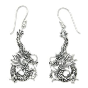 novica artisan handmade .925 sterling silver dangle earrings indonesia animal themed 'dragon splendor'