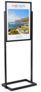 sign holder stand for floor with top-loading design, includes 2 non-glare lenses for double-sided presentations, poster frame display fixture for 22" x 28" graphics, black, aluminum