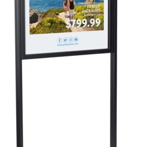 Sign Holder Stand for Floor with Top-loading Design, Includes 2 Non-glare Lenses for Double-sided Presentations, Poster Frame Display Fixture for 22" x 28" Graphics, Black, Aluminum