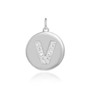 sideways crosses 14k white gold diamond charm disc initial letter v pendant