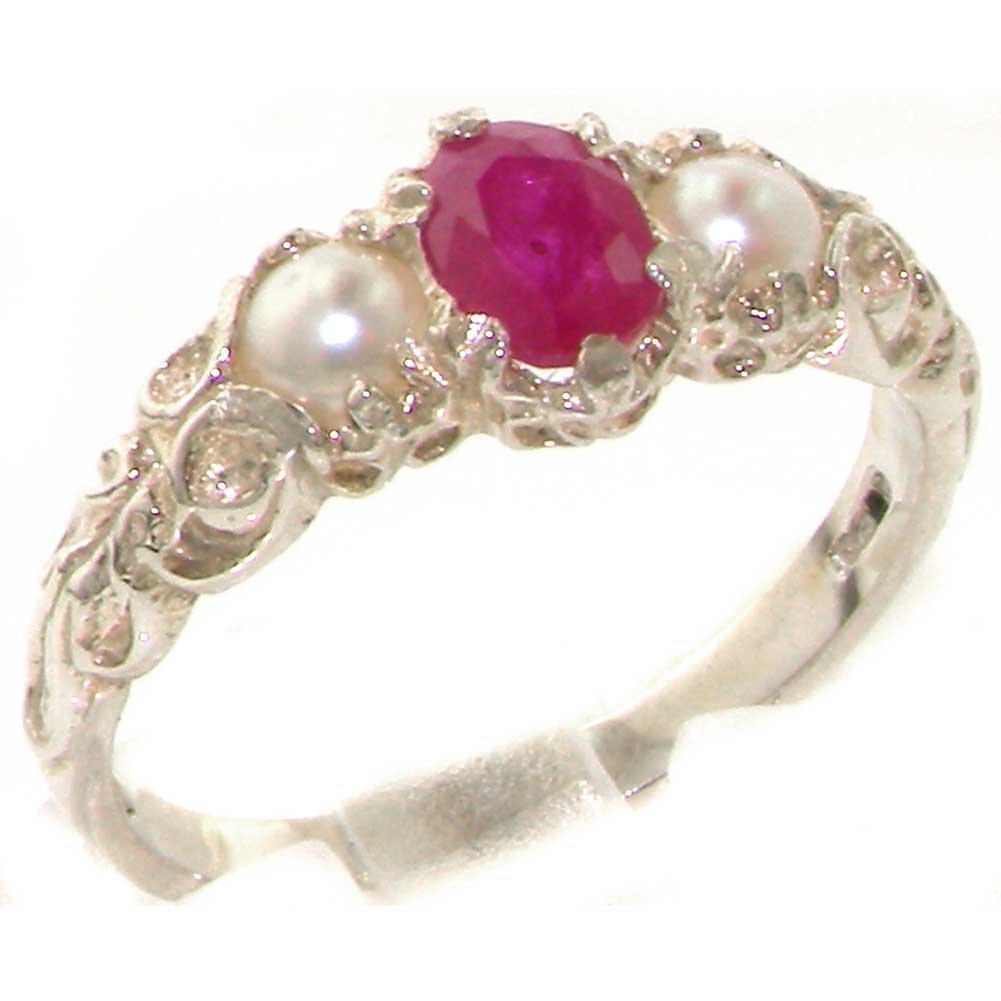 LetsBuyGold 925 Sterling Silver Real Genuine Ruby and Cultured Pearl Womens Band Ring - Size 10