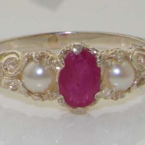 LetsBuyGold 925 Sterling Silver Real Genuine Ruby and Cultured Pearl Womens Band Ring - Size 10