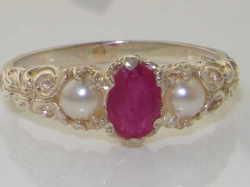 LetsBuyGold 925 Sterling Silver Real Genuine Ruby and Cultured Pearl Womens Band Ring - Size 10