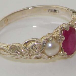 LetsBuyGold 925 Sterling Silver Real Genuine Ruby and Cultured Pearl Womens Band Ring - Size 10