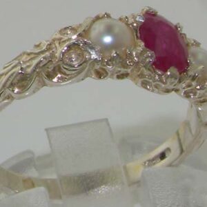 LetsBuyGold 925 Sterling Silver Real Genuine Ruby and Cultured Pearl Womens Band Ring - Size 10