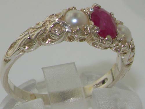 LetsBuyGold 925 Sterling Silver Real Genuine Ruby and Cultured Pearl Womens Band Ring - Size 10