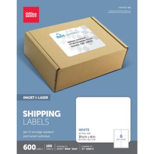 office depot white inkjet/laser shipping labels, 3 1/3in. x 4in., box of 600, 505-o004-0010