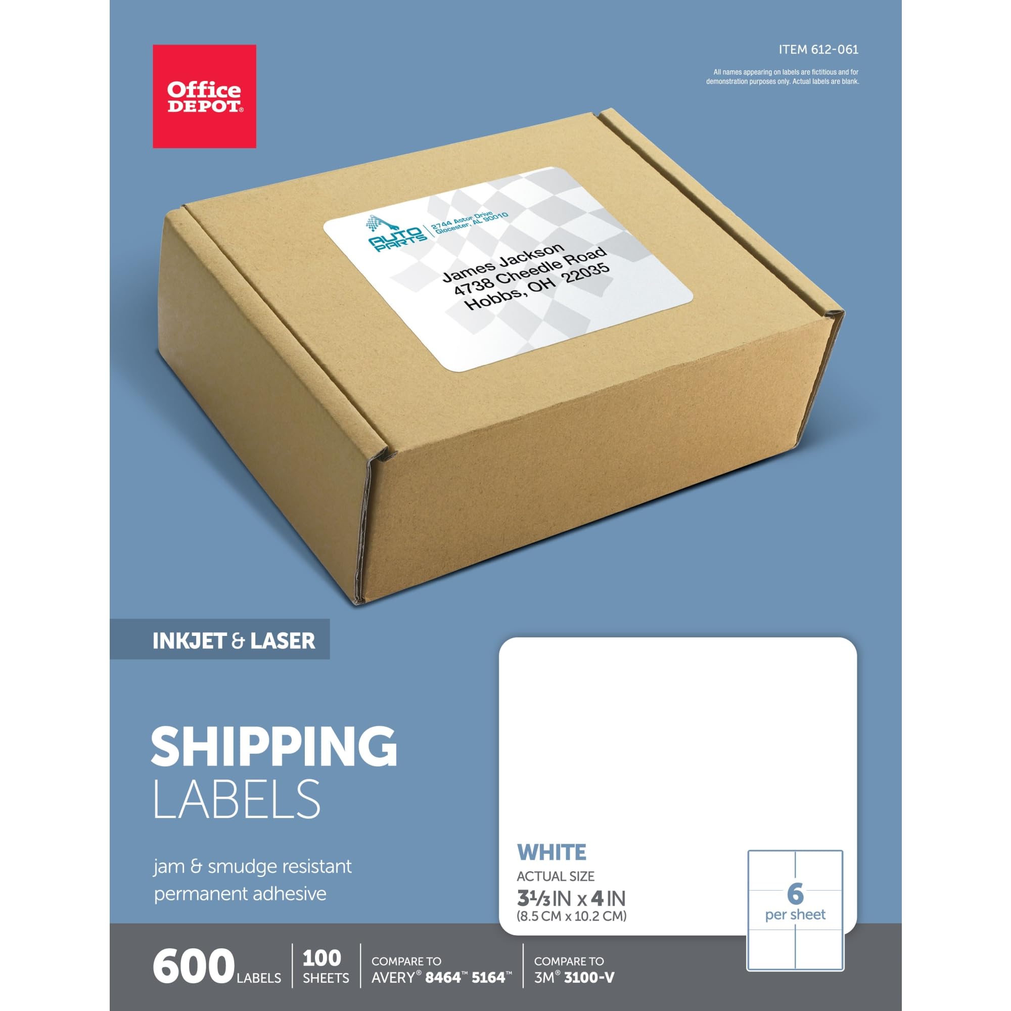 Office Depot White Inkjet/Laser Shipping Labels, 3 1/3in. x 4in., Box of 600, 505-O004-0010