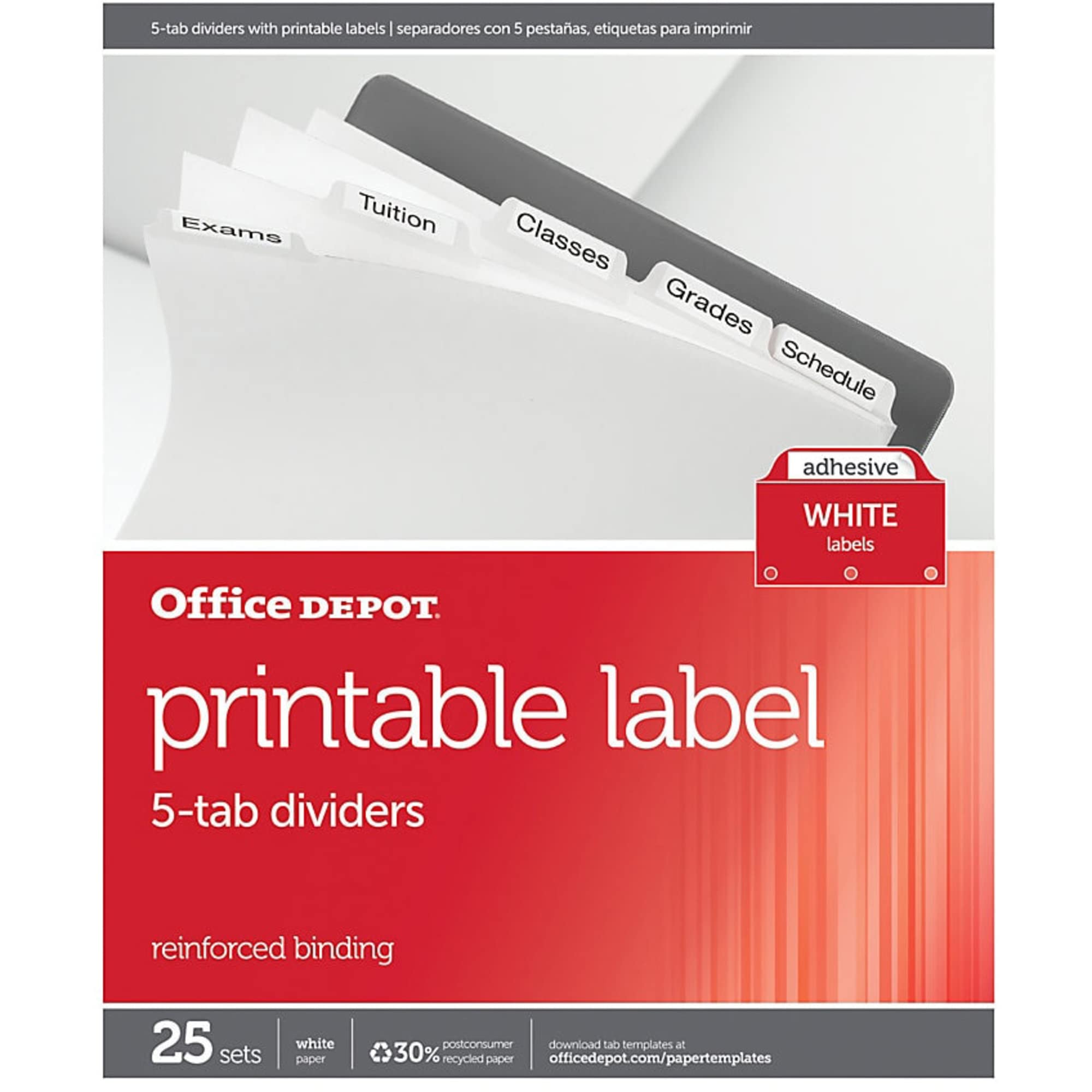 Office Depot Plain Dividers With Tabs And Labels, White, 5-Tab, Pack Of 25 Sets, 11353