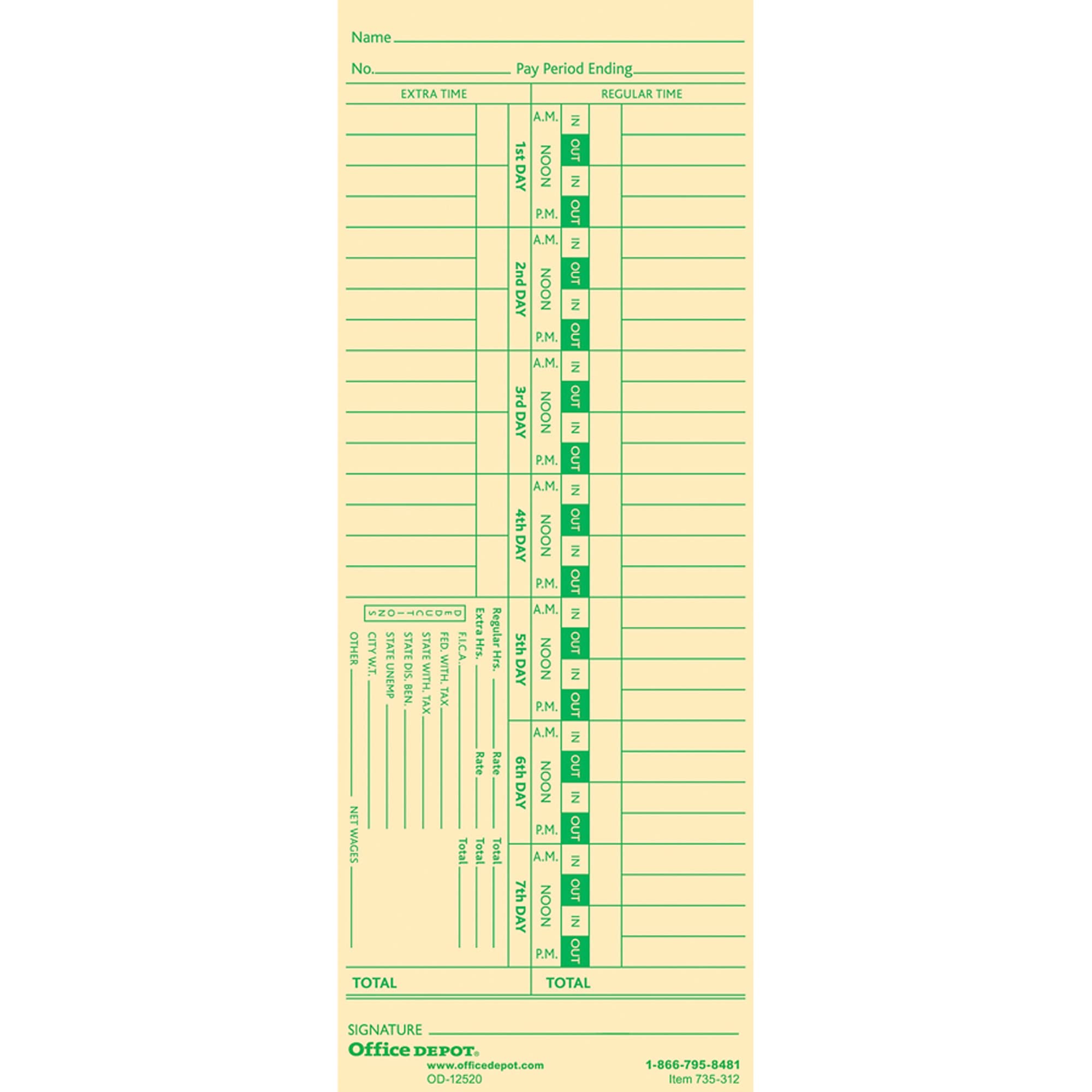 Office Depot Time Cards with Deductions, Weekly, Days 1-7, 1-Sided, 3 3/8in. x 8 7/8in., Manila, Pack of 100, GB-735312