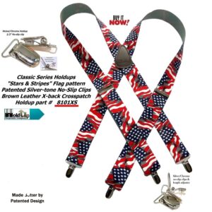 1 1/2" Wide Classic Series Stars & Stripes XS Holdups Suspenders for Men in X-back style w/USA Patented No-slip® Silver Clips