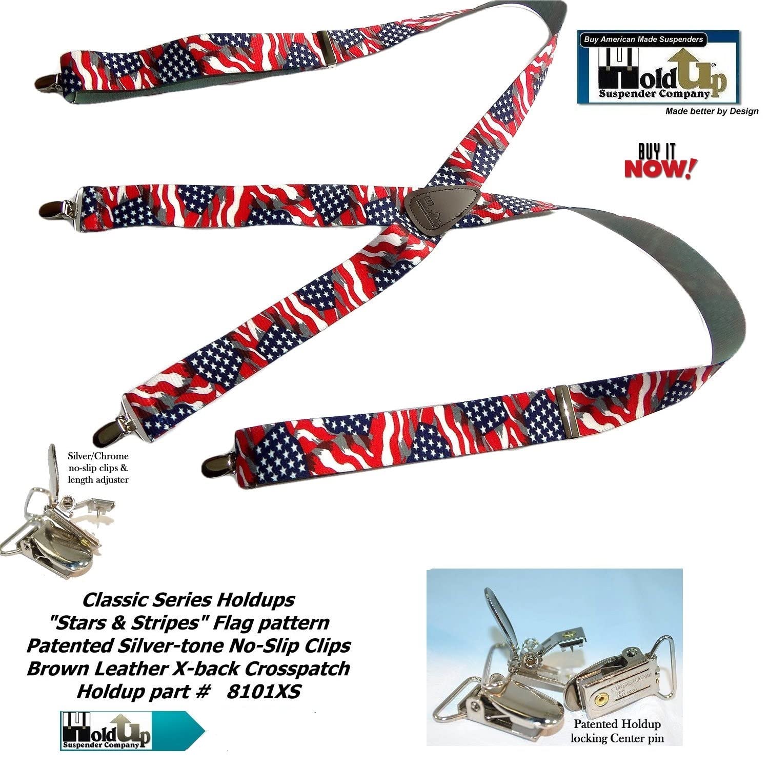 1 1/2" Wide Classic Series Stars & Stripes XS Holdups Suspenders for Men in X-back style w/USA Patented No-slip® Silver Clips