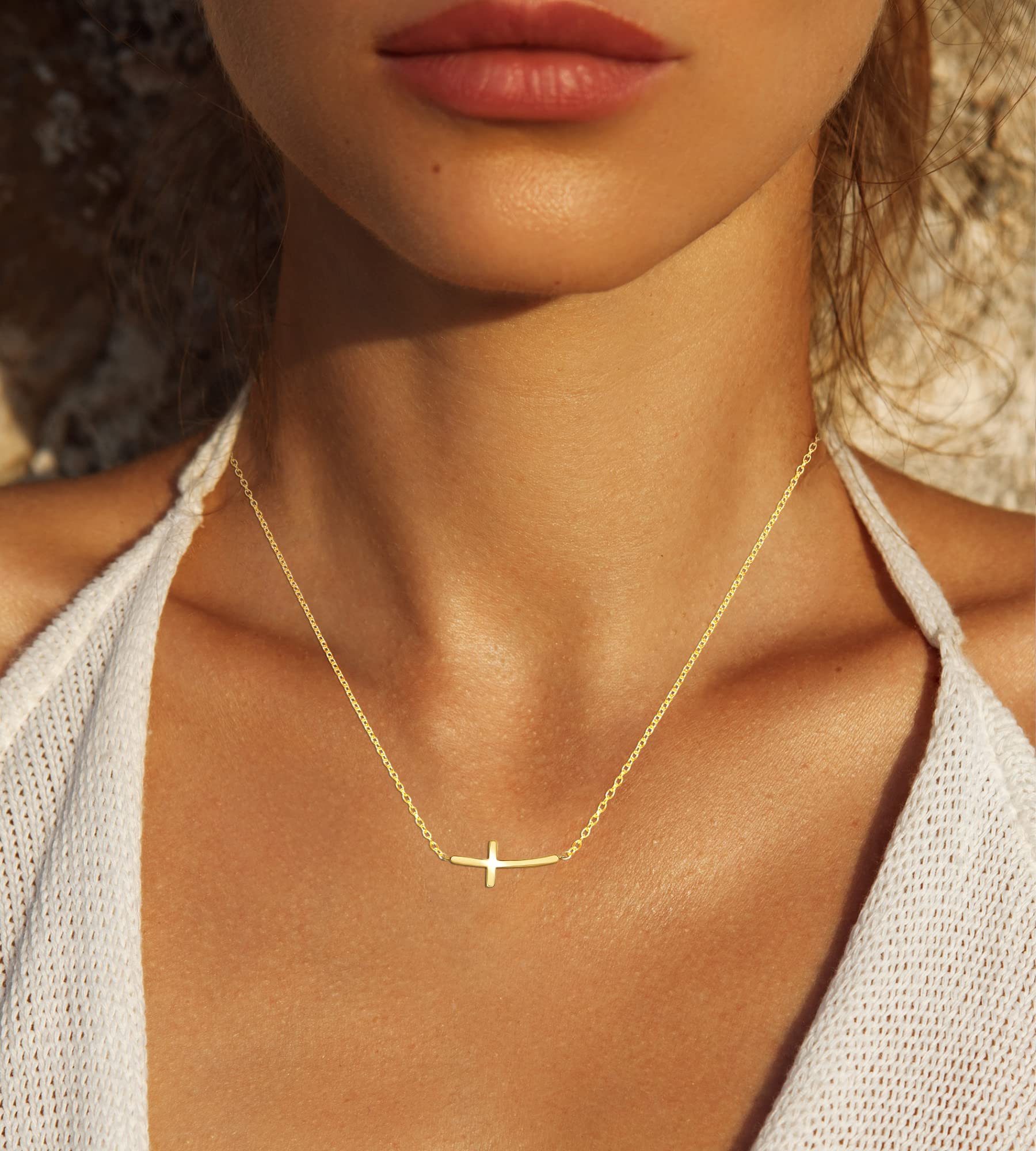 Beaux Bijoux 14k Gold Plated Silver Sideways Cross Necklace | Confirmation and Communion Gifts for Women | Gold Curved Cross Pendant for Women