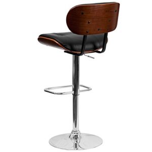 Flash Furniture Magnus Walnut Bentwood Adjustable Height Barstool with Button Tufted Black Vinyl Seat