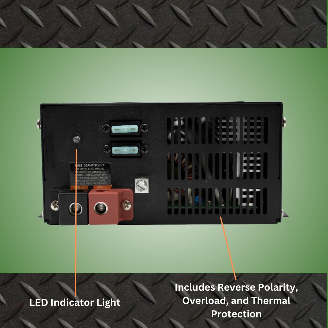 PowerMax PM3-35 Power Supply | AC-DC Converter (110/120 VAC to DC 0-12 Volt, 35 Amp) Battery Charger w/ 3-Stage Smart Charging Mode | Built-in Cooling Fan, LED Indicator Light & Lithium Compatibility