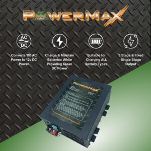 PowerMax PM3-35 Power Supply | AC-DC Converter (110/120 VAC to DC 0-12 Volt, 35 Amp) Battery Charger w/ 3-Stage Smart Charging Mode | Built-in Cooling Fan, LED Indicator Light & Lithium Compatibility