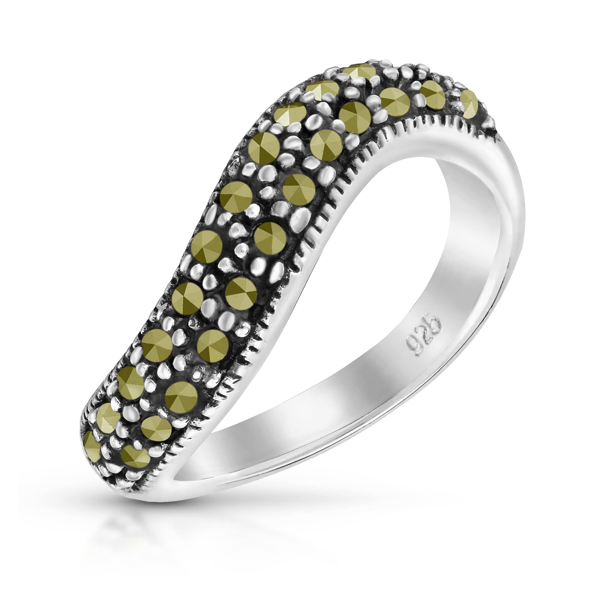 AeraVida Contempo Swirl Iron Marcasite Style Pyrite Embellished .925 Sterling Silver Ring (7)