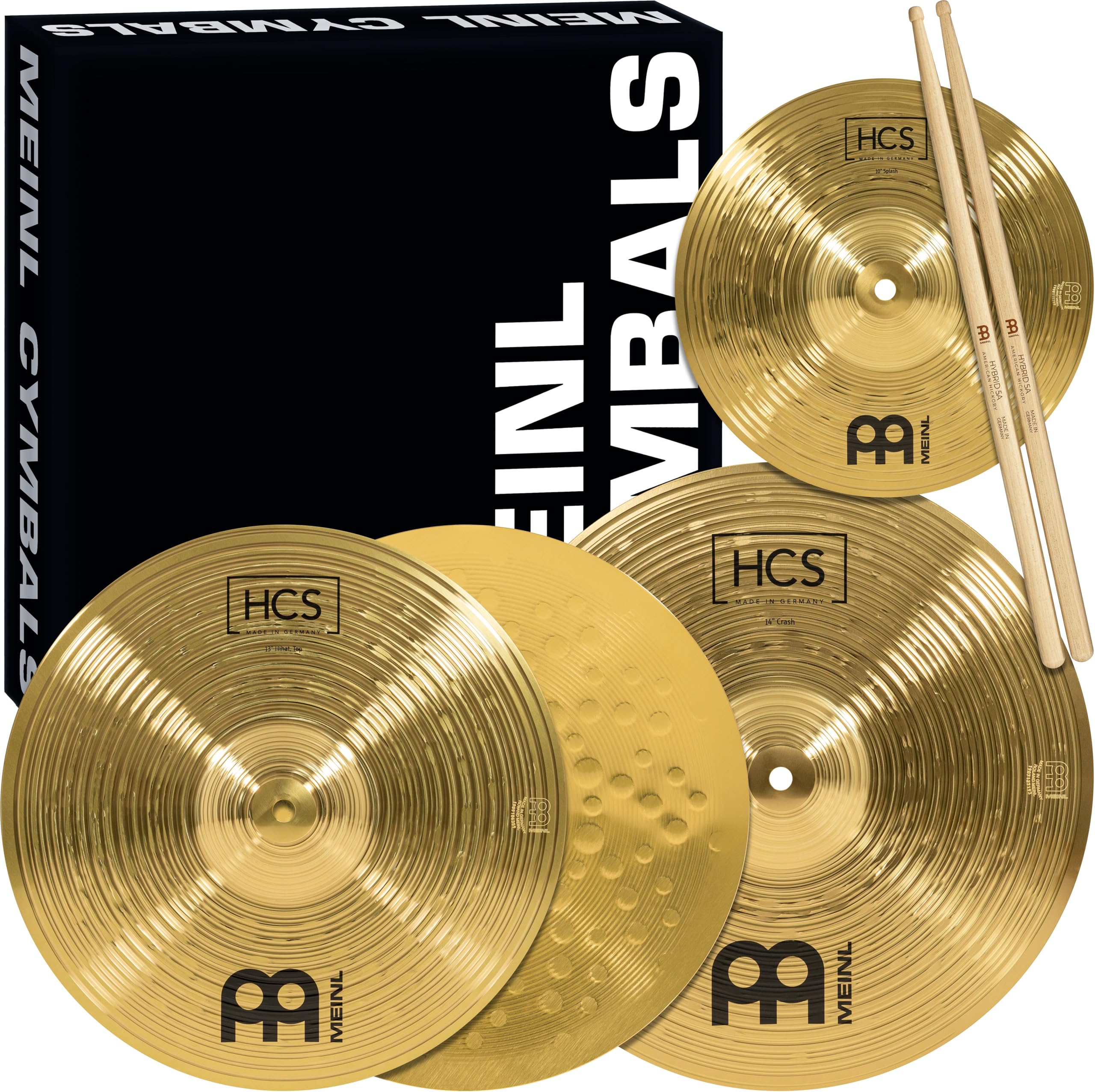 Meinl Cymbals HCS Cymbal Set Box Pack for Drums with 13" Hihats, 14" Crash, Plus Free 10" Splash, Sticks, Lessons — Made in Germany — Durable Brass, 2-Year Warranty, Traditional Finish (HCS1314