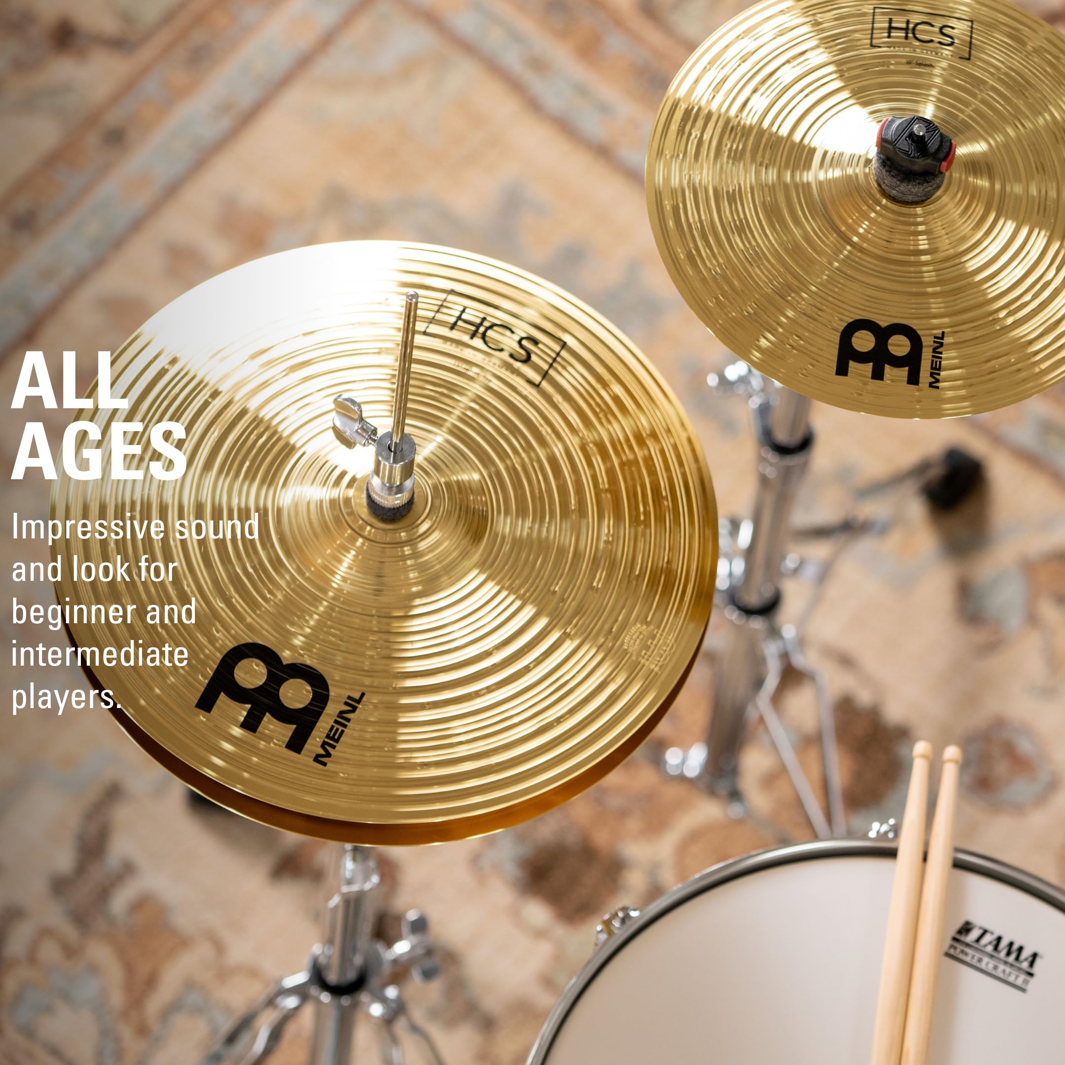 Meinl Cymbals HCS Cymbal Set Box Pack for Drums with 13" Hihats, 14" Crash, Plus Free 10" Splash, Sticks, Lessons — Made in Germany — Durable Brass, 2-Year Warranty, Traditional Finish (HCS1314