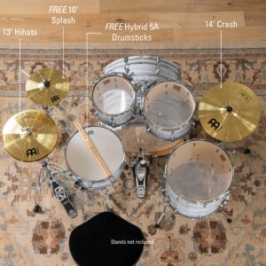 Meinl Cymbals HCS Cymbal Set Box Pack for Drums with 13" Hihats, 14" Crash, Plus Free 10" Splash, Sticks, Lessons — Made in Germany — Durable Brass, 2-Year Warranty, Traditional Finish (HCS1314