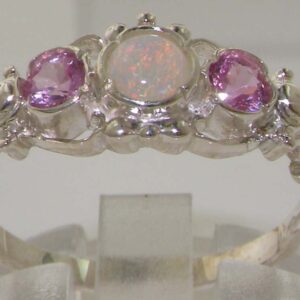 LetsBuyGold 925 Sterling Silver Natural Opal and Pink Tourmaline Vintage Anniversary Ring - Size 5.25