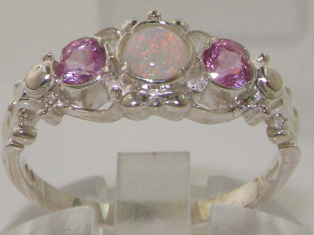 LetsBuyGold 925 Sterling Silver Natural Opal and Pink Tourmaline Vintage Anniversary Ring - Size 5.25