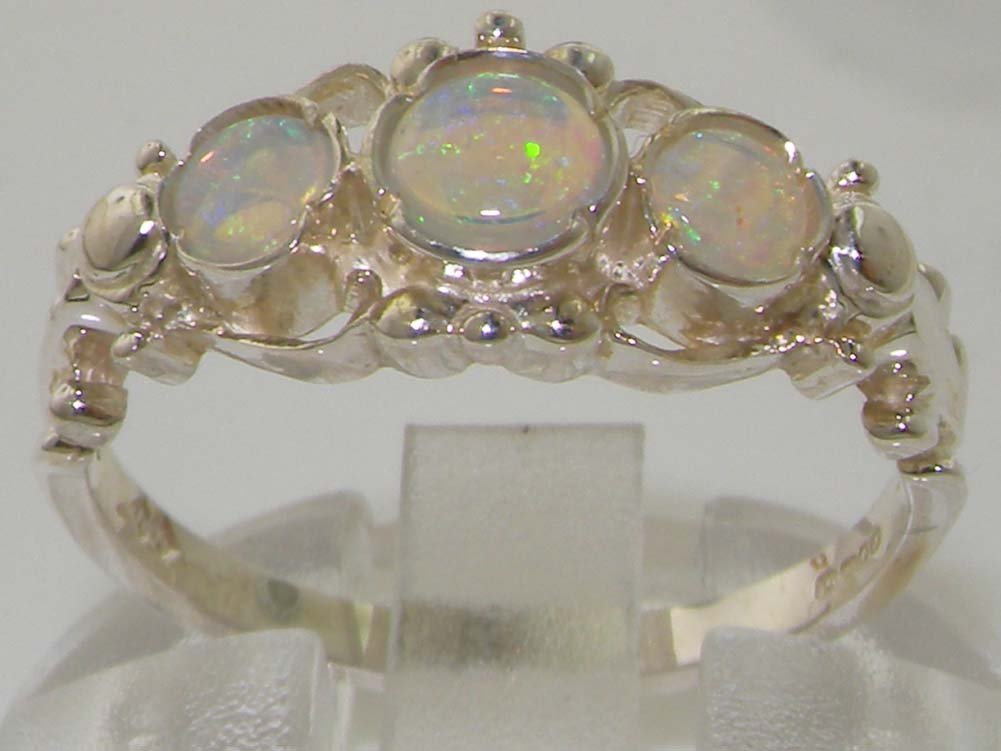 925 Sterling Silver Real Genuine Opal Womens Trilogy Ring - Size 11