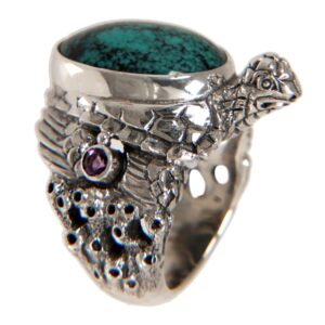 novica artisan handmade sterling silver ring reconstituted turquoise amethyst blue cocktail indonesia animal themed birthstone sea lifeturtle [band width 5 mm w crownbezel 1.1 in l x 0.6 in w x 0.4 i]