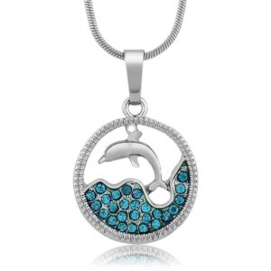 gem stone king stunning dolphin and sea in a circle with blue crystals pendant 16 inch chain