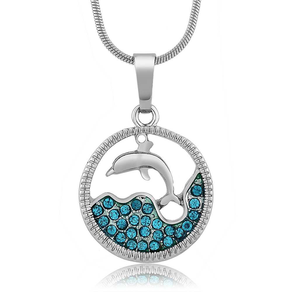 Gem Stone King Stunning Dolphin and Sea in a Circle with Blue Crystals Pendant 16 Inch Chain