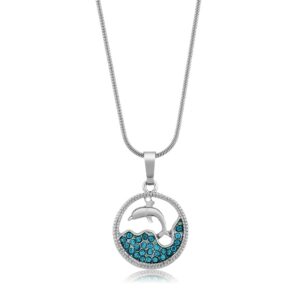 Gem Stone King Stunning Dolphin and Sea in a Circle with Blue Crystals Pendant 16 Inch Chain