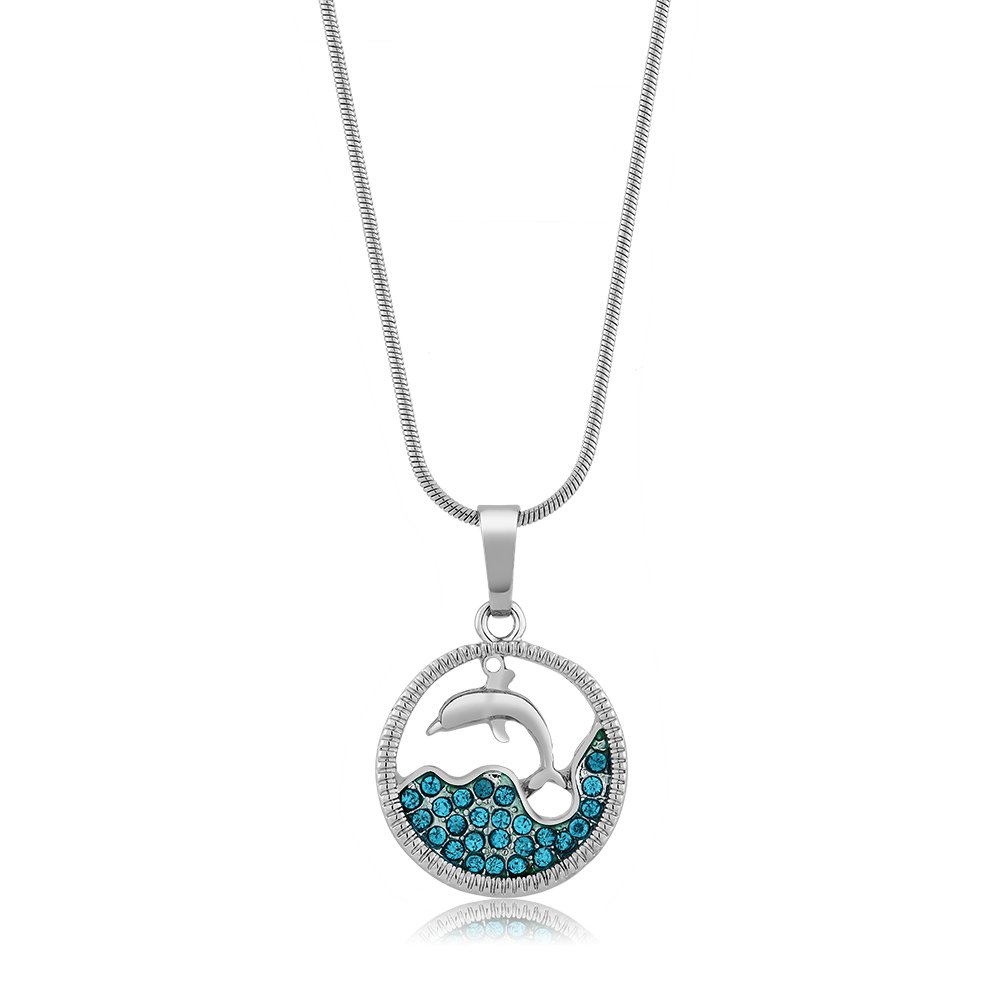 Gem Stone King Stunning Dolphin and Sea in a Circle with Blue Crystals Pendant 16 Inch Chain