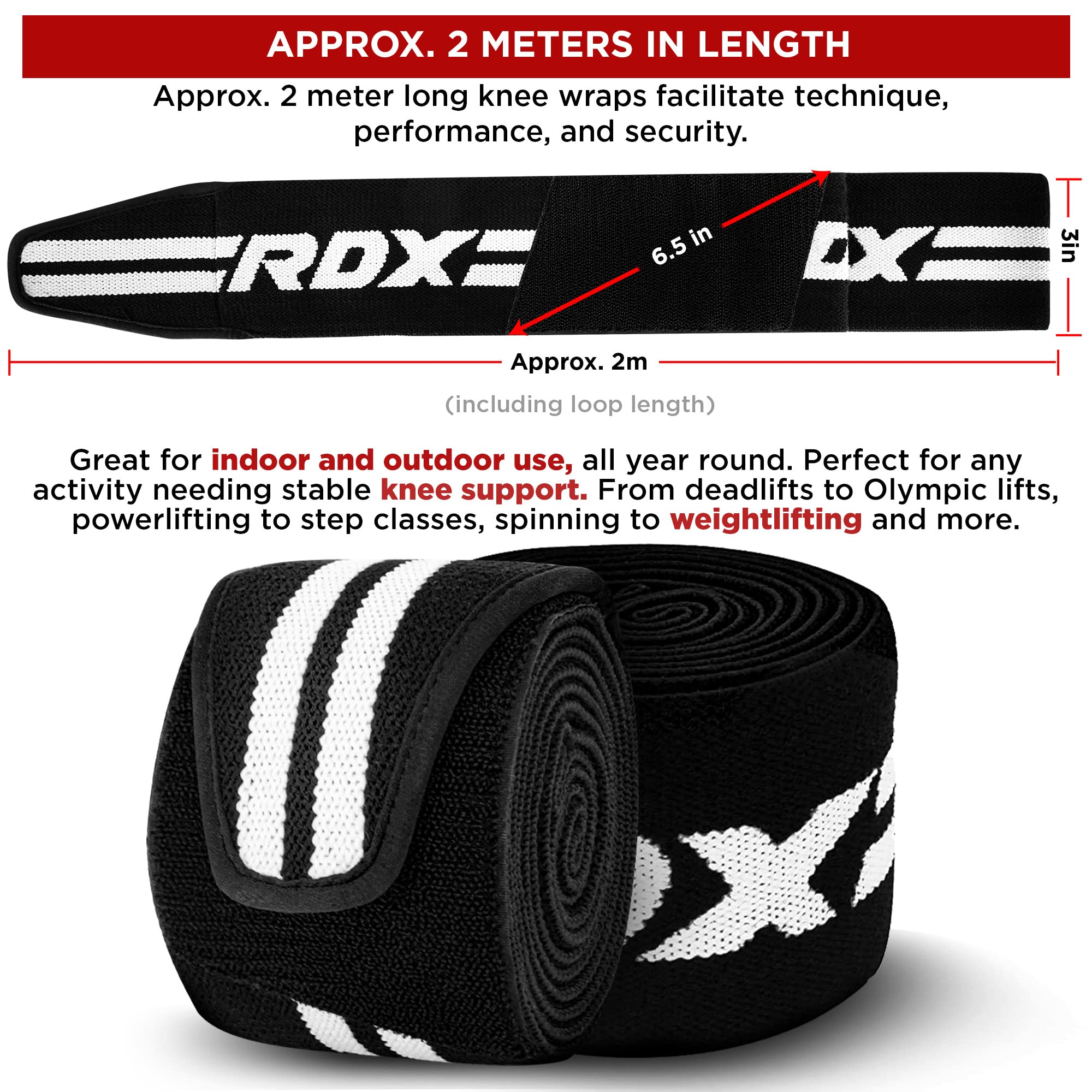 RDX Knee Wraps Pair Weightlifting, IPL USPA Approved, 78” Elasticated Straps for Gym Workout Squats Powerlifting, Compression Support, Men Women WOD Training, Squatting Leg Press Bodybuilding