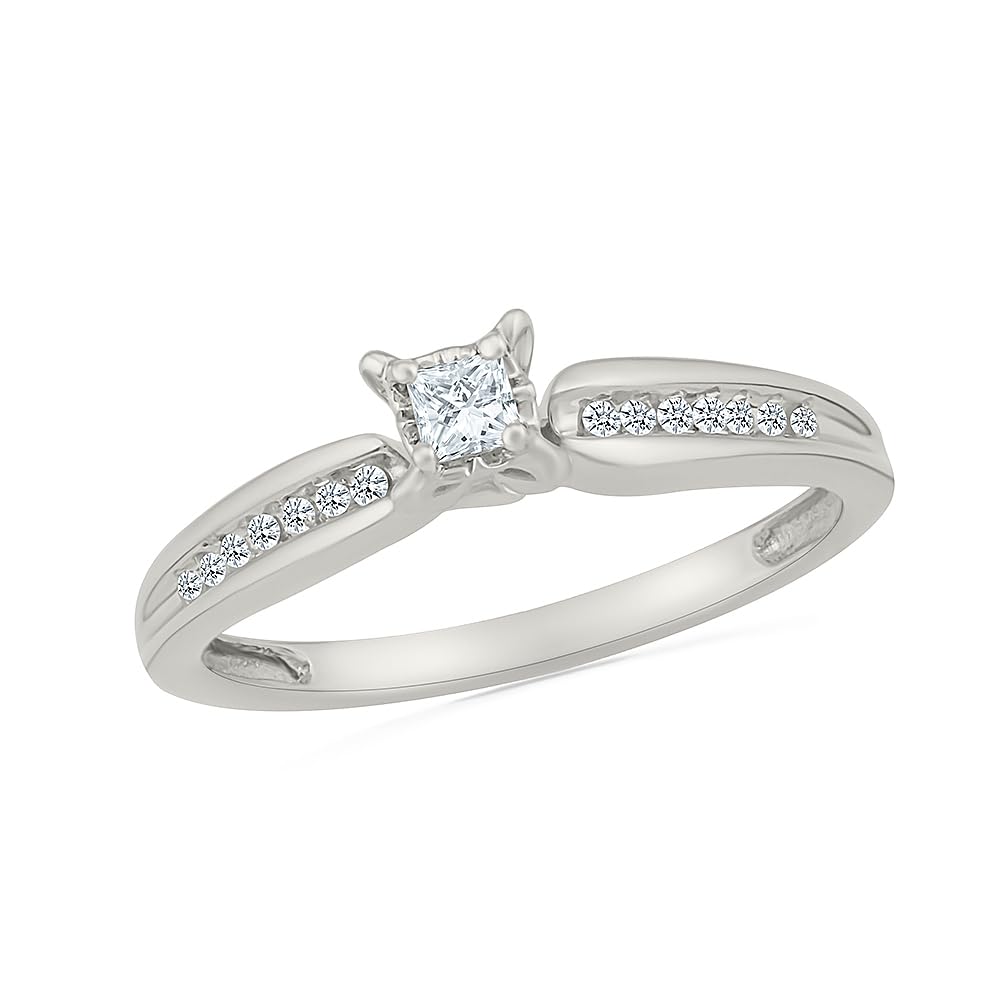 DGOLD 10KT White Gold Princess and Round Diamond Promise Ring (0.13 CTTW)