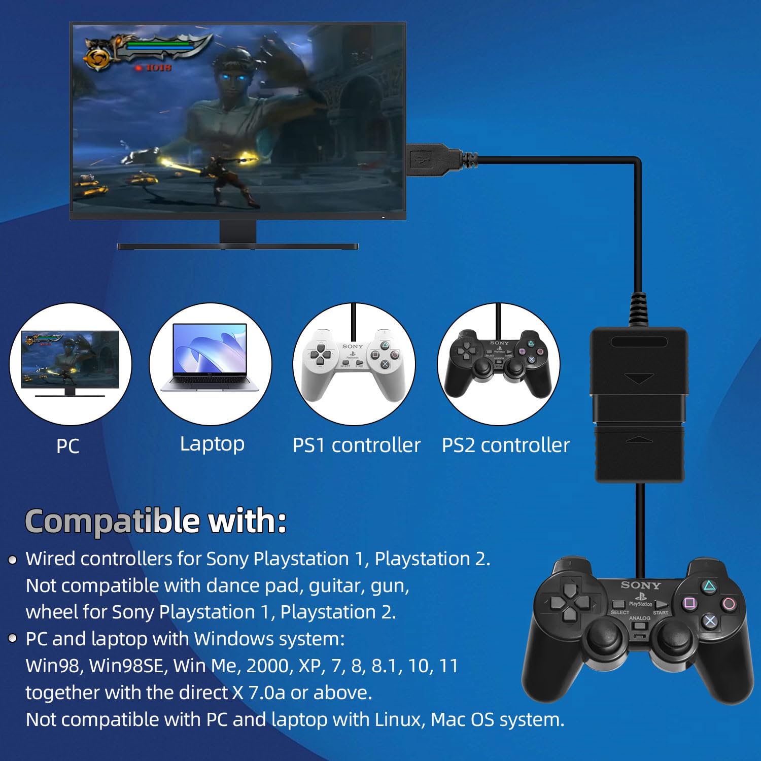 OSTENT USB Adapter Converter Cable Cord for Sony PlayStation 1/2 PS One PSX Wired Controller Gamepad Joystick to PC Laptop