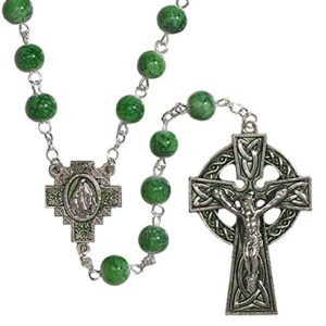 CB Green Celtic Rosary with Miraculous Medal Centerpiece Saint Patrick Blessing Prayer Card