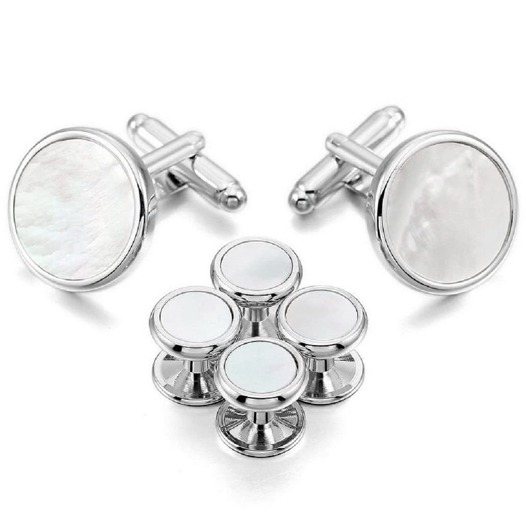 Mens Silver and White Mother of Pearl Tuxedo Cufflinks Studs Formal Set with Travel Presentation Gift Box