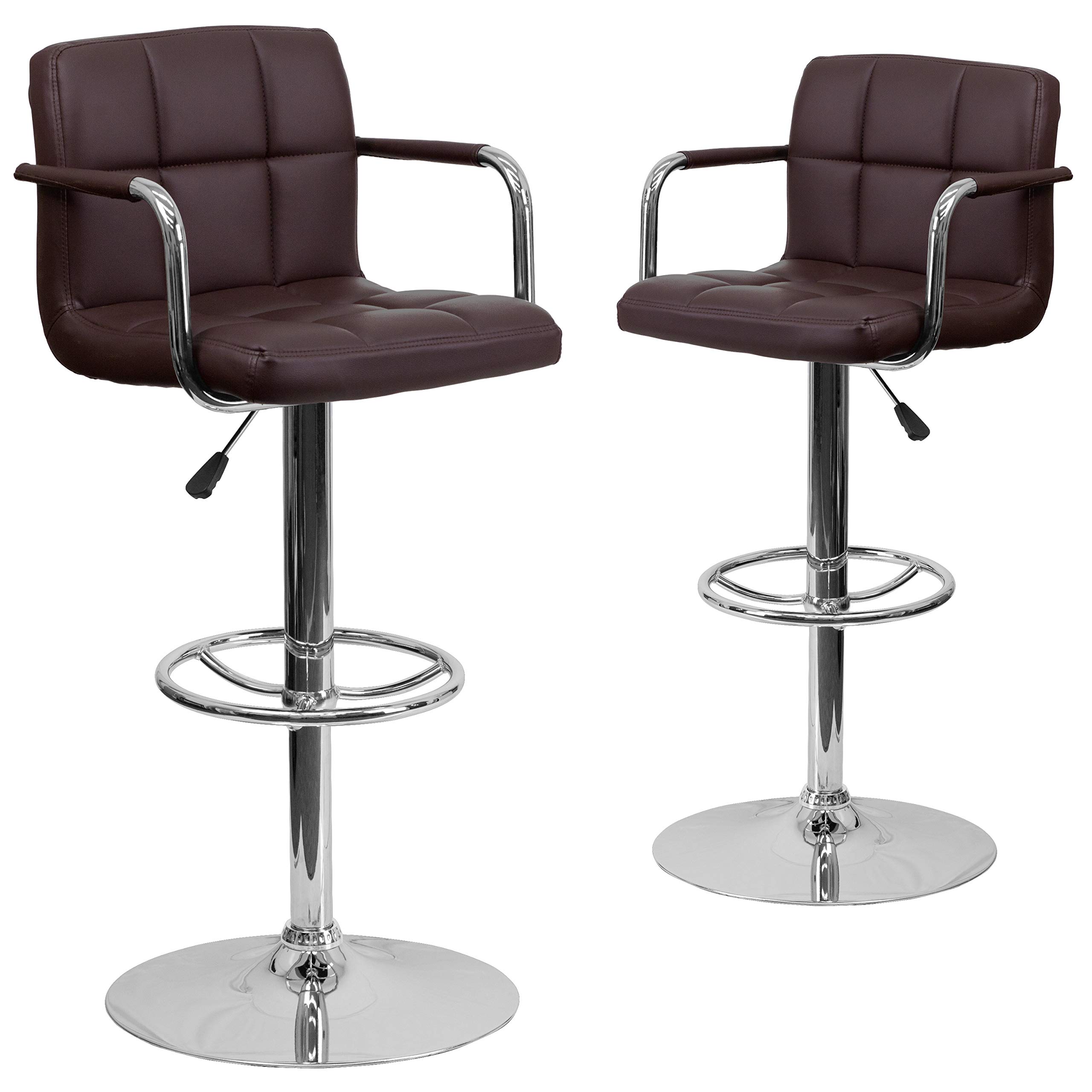 Flash Furniture Genna Adjustable Bar Stools | Set of 2 Brown Counter Height Barstools with Back and Armrest