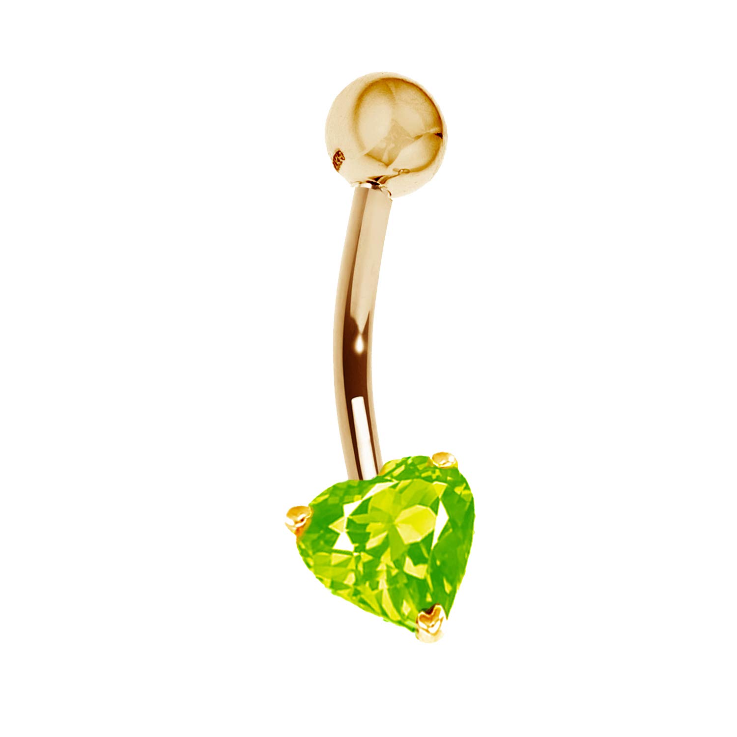 Ritastephens 14k Solid Yellow Gold Genuine Peridot Heart Belly Button Navel Ring Body Art