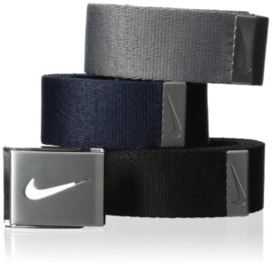 nike men's 3 pack web belt, black/grey/navy, one size