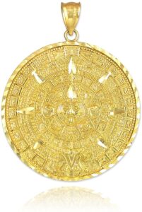 14k yellow gold round aztec mayan calendar charm pendant - 30.48 millimeters