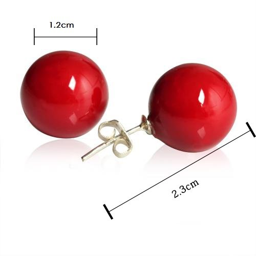 Lureme Women 12mm Red Shell Bead Silver Tone Classic Round Ball Stud Earrings 02001451