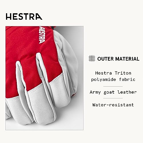 Hestra Army Leather Heli Ski Glove - Classic 5-Finger Snow Glove for Skiing, Snowboarding and Mountaineering, Red, 8