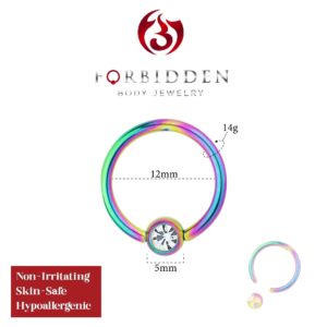 Forbidden Body Jewelry Rainbow IP Plated Jeweled Captive Bead Hoop Ring Surgical Steel CBR 14G 1/2 Inch