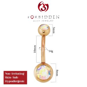 Forbidden Body Jewelry Rose Gold IP Plated Surgical Steel Double CZ Crystal Belly Button Ring (Aurora Borealis)