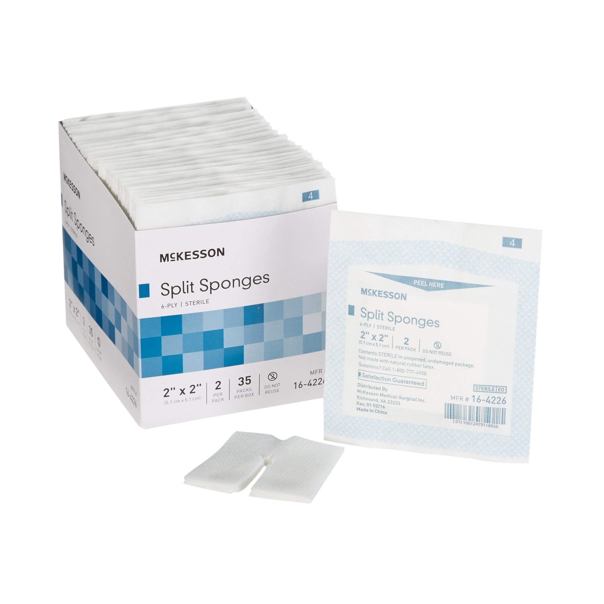 McKesson Split Sponges, Sterile, 100% Cotton, I.V. Drain Split Dressing, 2 in x 2 in, 2 per Pack, 35 Packs, 70 Total